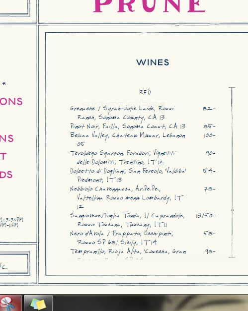 Menu at Prune restaurant, New York City, 54 E 1st St