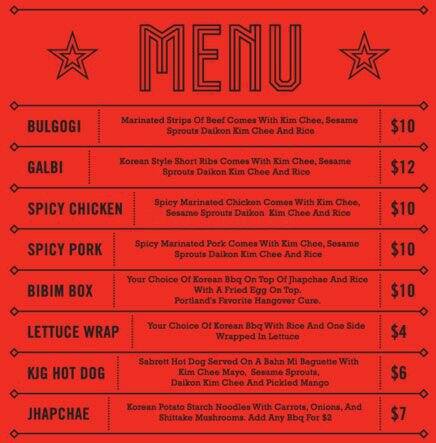 Menu at Kim Jong Grillin restaurant, Portland, SE Division St