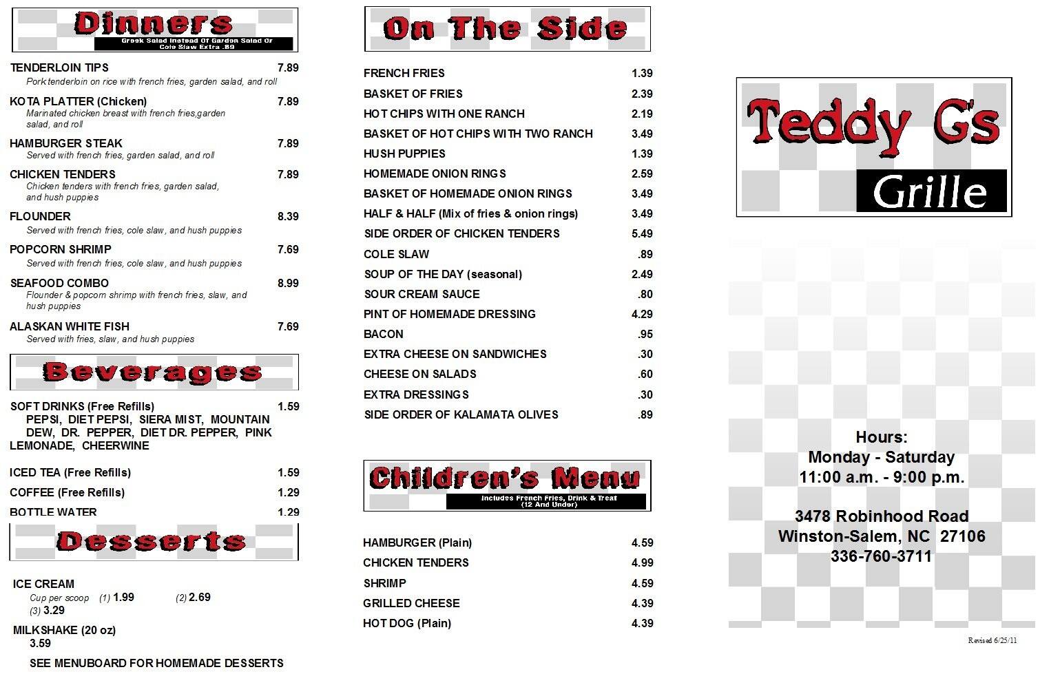Menu at Teddy G's Grille restaurant, Winston-Salem