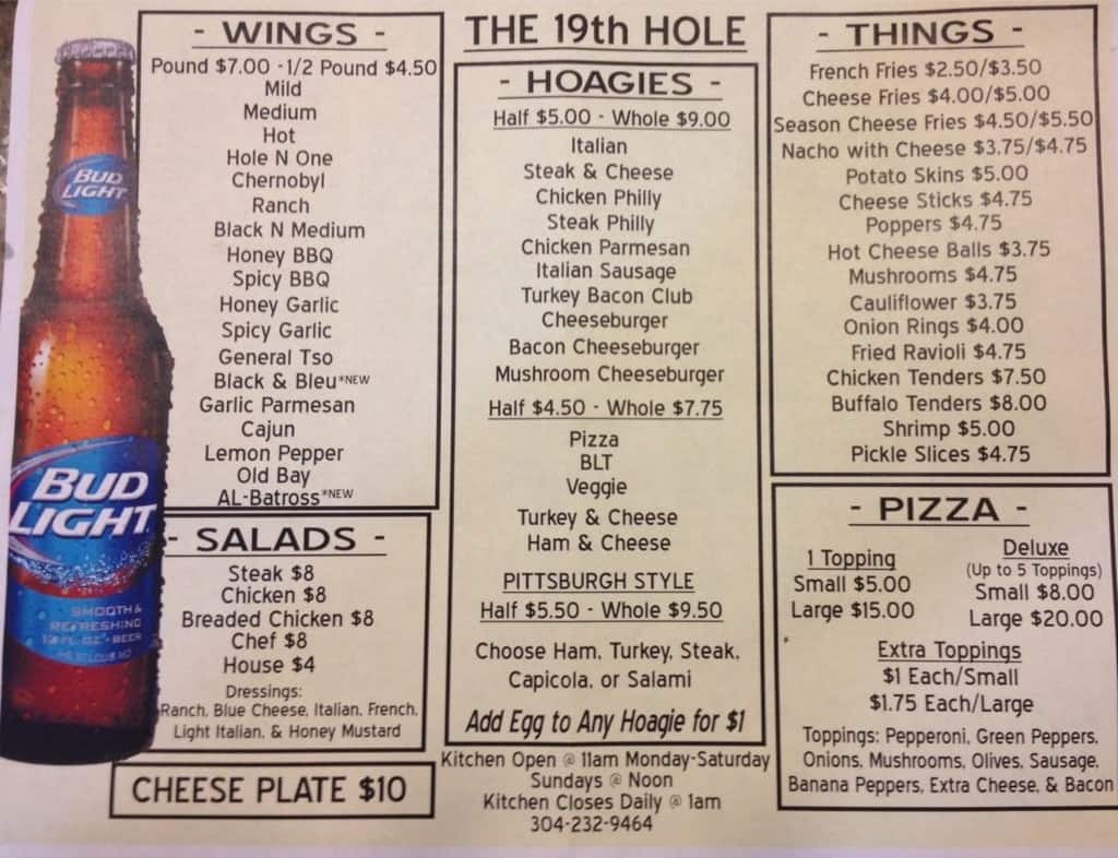 Menu at 19th Hole pub & bar, Wheeling, 780 National Rd