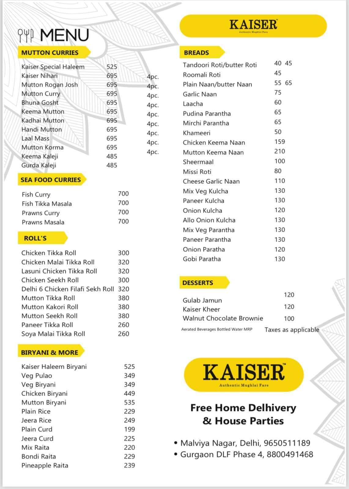 Menu of Kaiser, Sector 50, Gurgaon