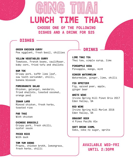 Menu at Ging Thai restaurant, Southbank, Crown Melbourne