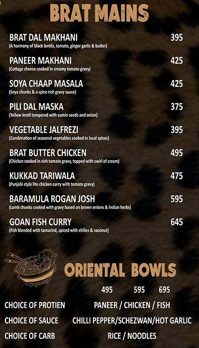 Menu at Brat House, New Delhi
