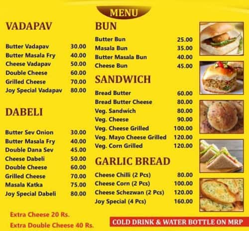 Menu of Joy Vadapav Dabeli & More, Tarsali, Vadodara