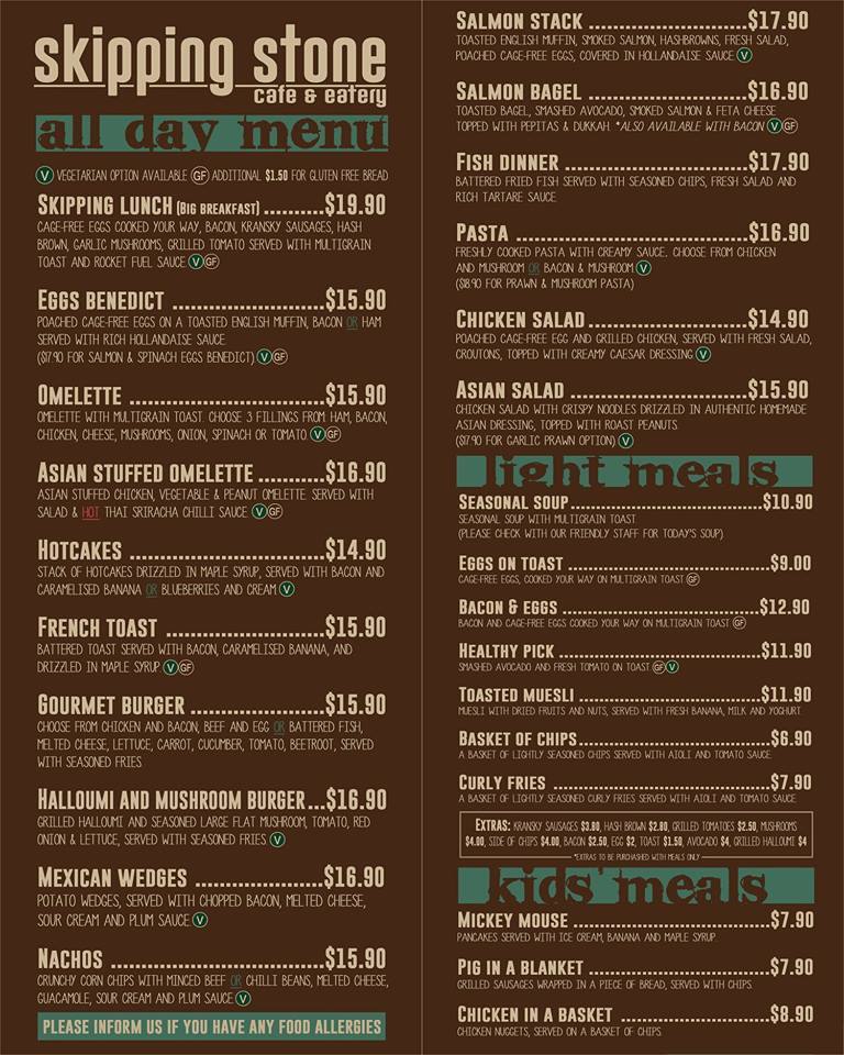 Menu at Skipping Stone Cafe & Eatery, Wellington