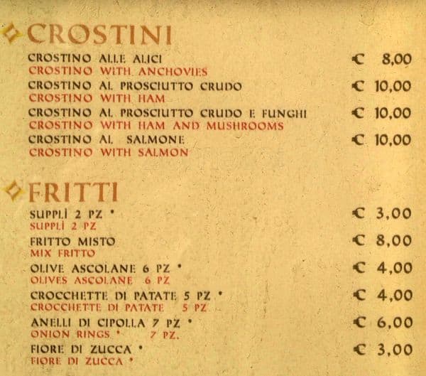 Menu au L'Antica Porta pizzeria, Rome, Via dei Coronari
