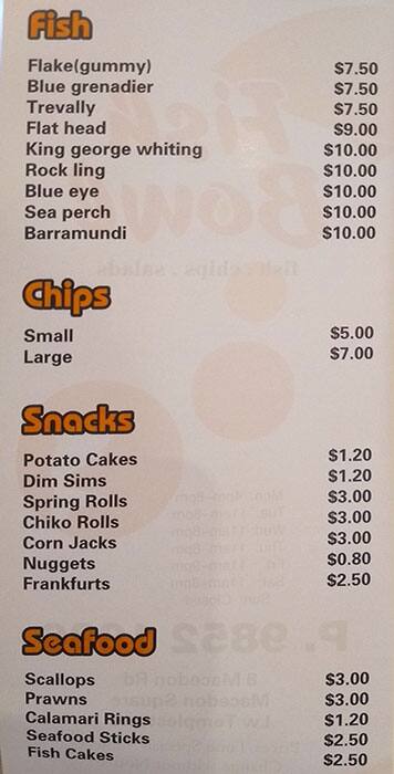 Menu at Macedon Fish Bowl fast food, Templestowe Lower