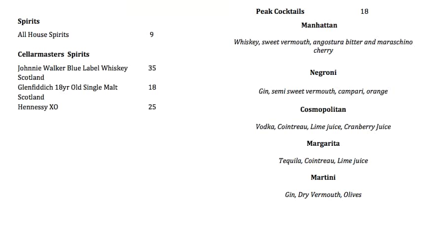 Menu at The Peak restaurant, Maryvale