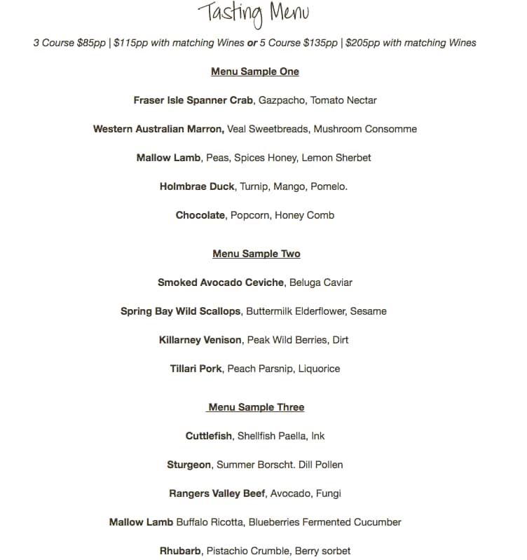 Menu at The Peak restaurant, Maryvale