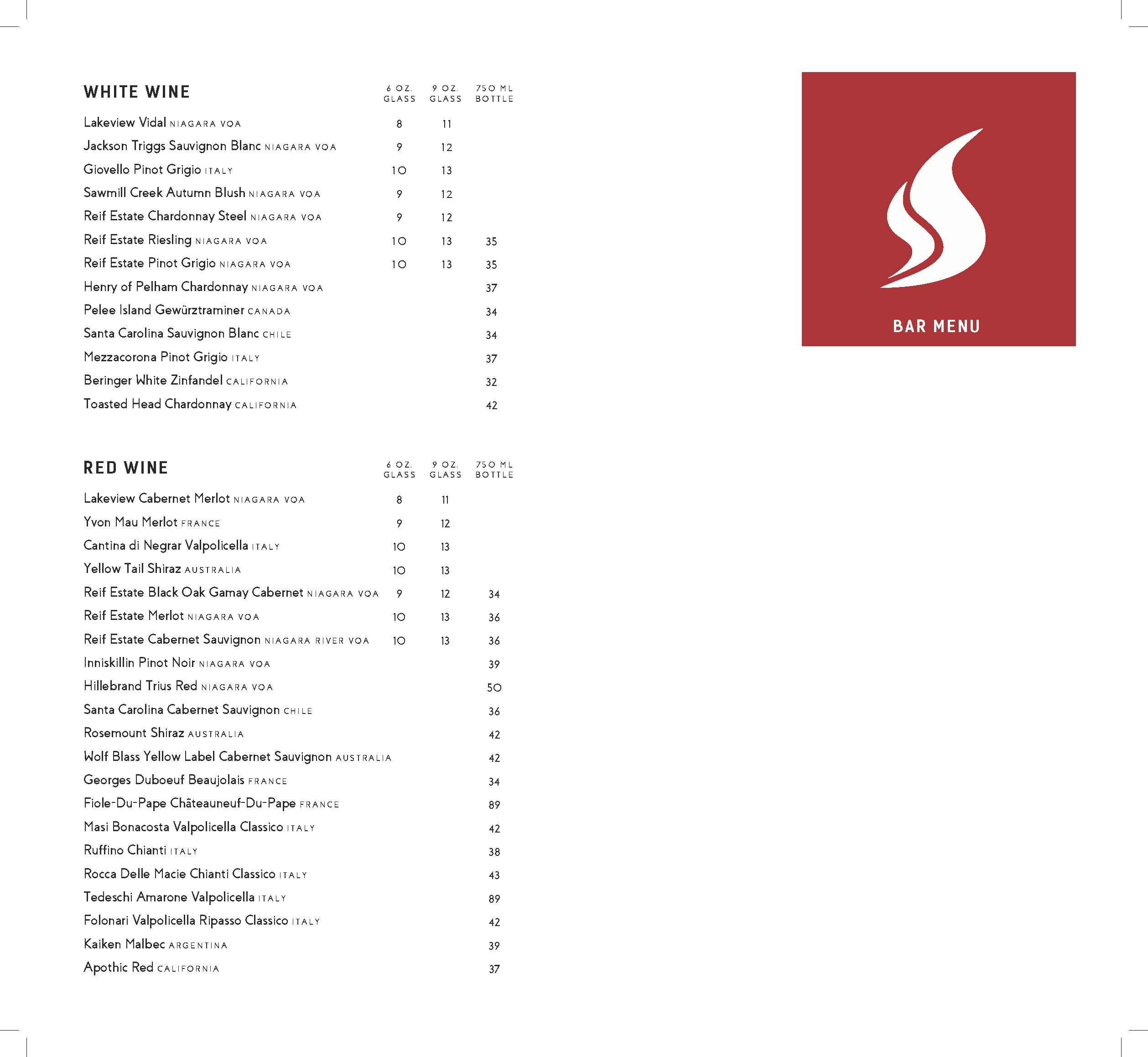 Menu at Sandstone Grillhouse steakhouse, Niagara Falls