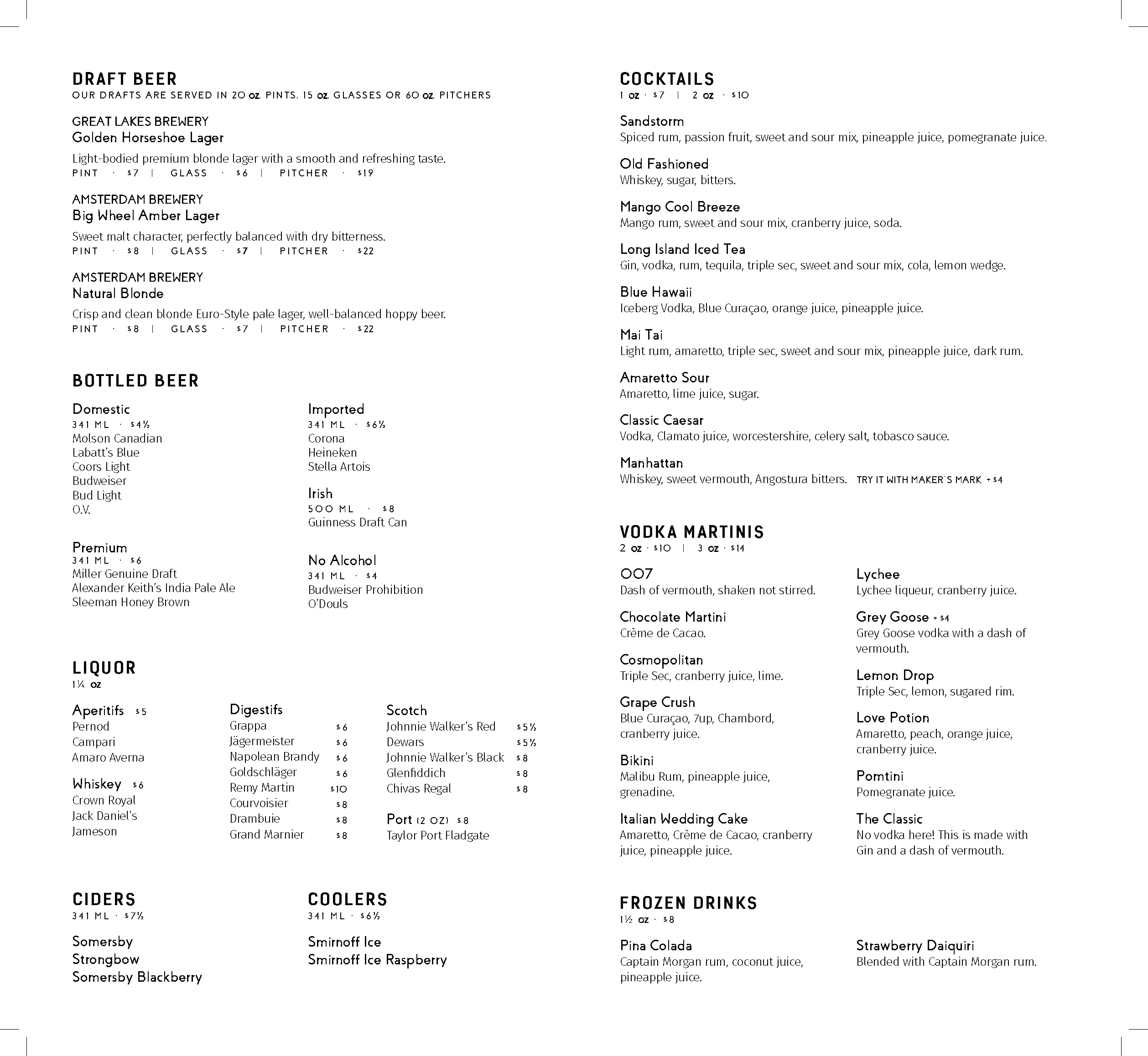 Menu at Sandstone Grillhouse steakhouse, Niagara Falls