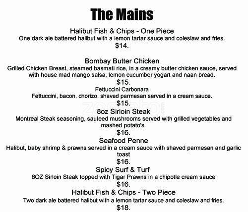 Menu at Old City Station Pub, Nanaimo