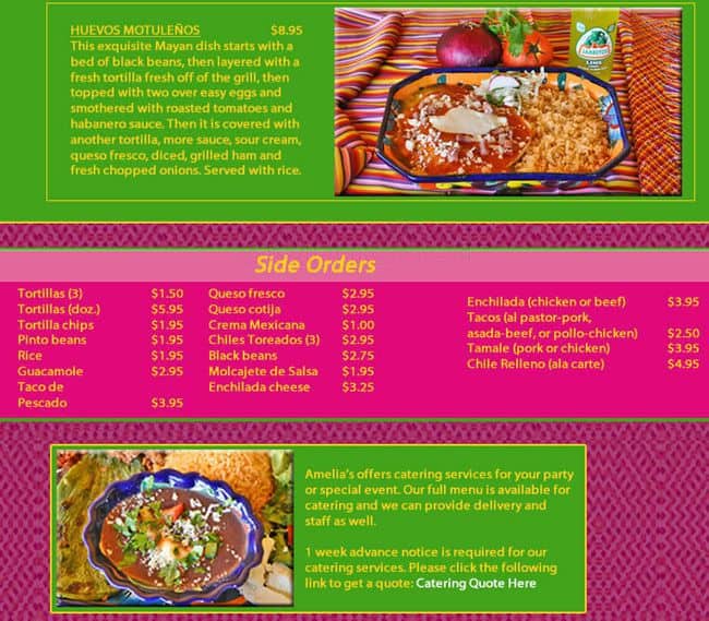 Menu at Amelia's restaurant, Hillsboro