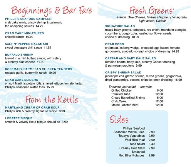 Menu at Phillips Seafood restaurant, Charlotte