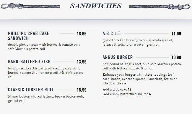 Menu at Phillips Seafood restaurant, Charlotte