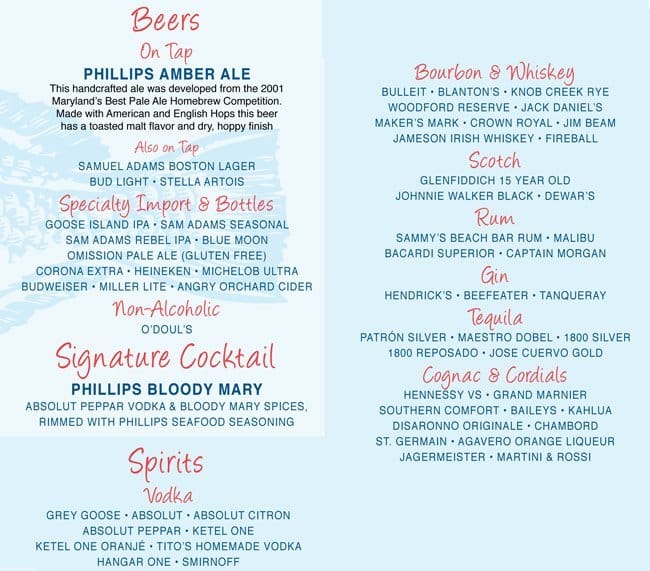 Menu at Phillips Seafood restaurant, Charlotte