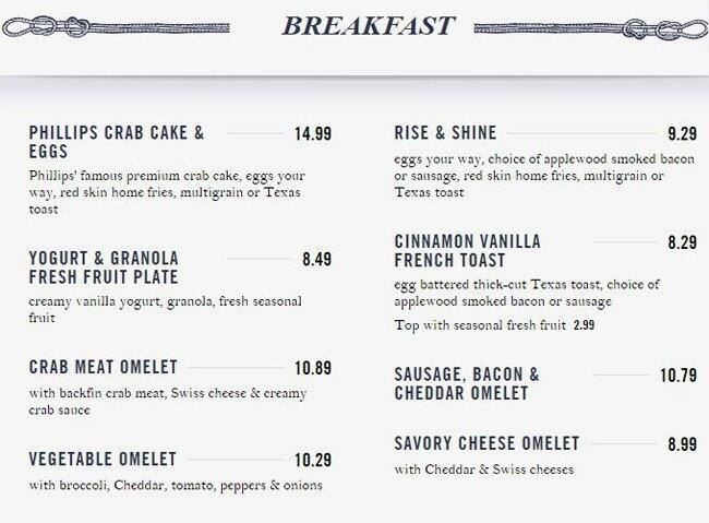 Menu at Phillips Seafood restaurant, Charlotte