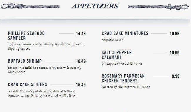 Menu at Phillips Seafood restaurant, Charlotte