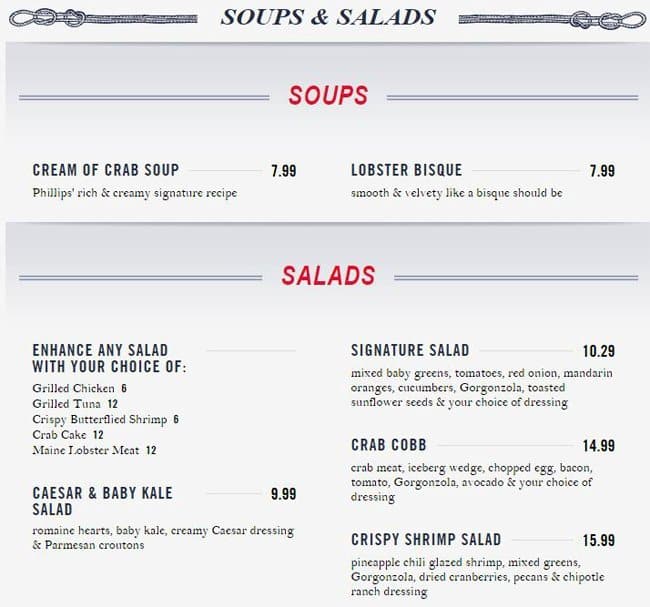 Menu at Phillips Seafood restaurant, Charlotte