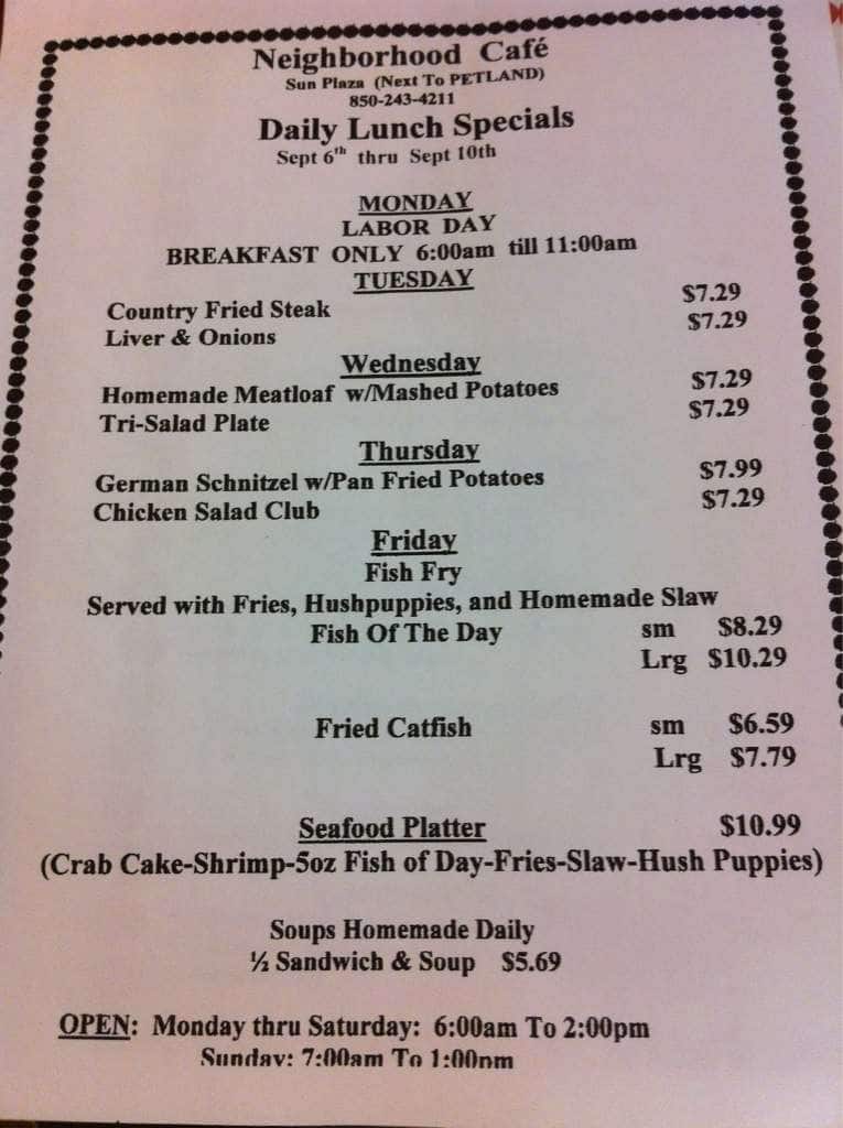 Menu at Neighborhood Cafe, Fort Walton Beach
