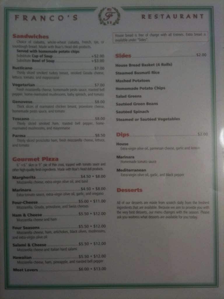 Menu at Franco's Family Restaurant, Madison