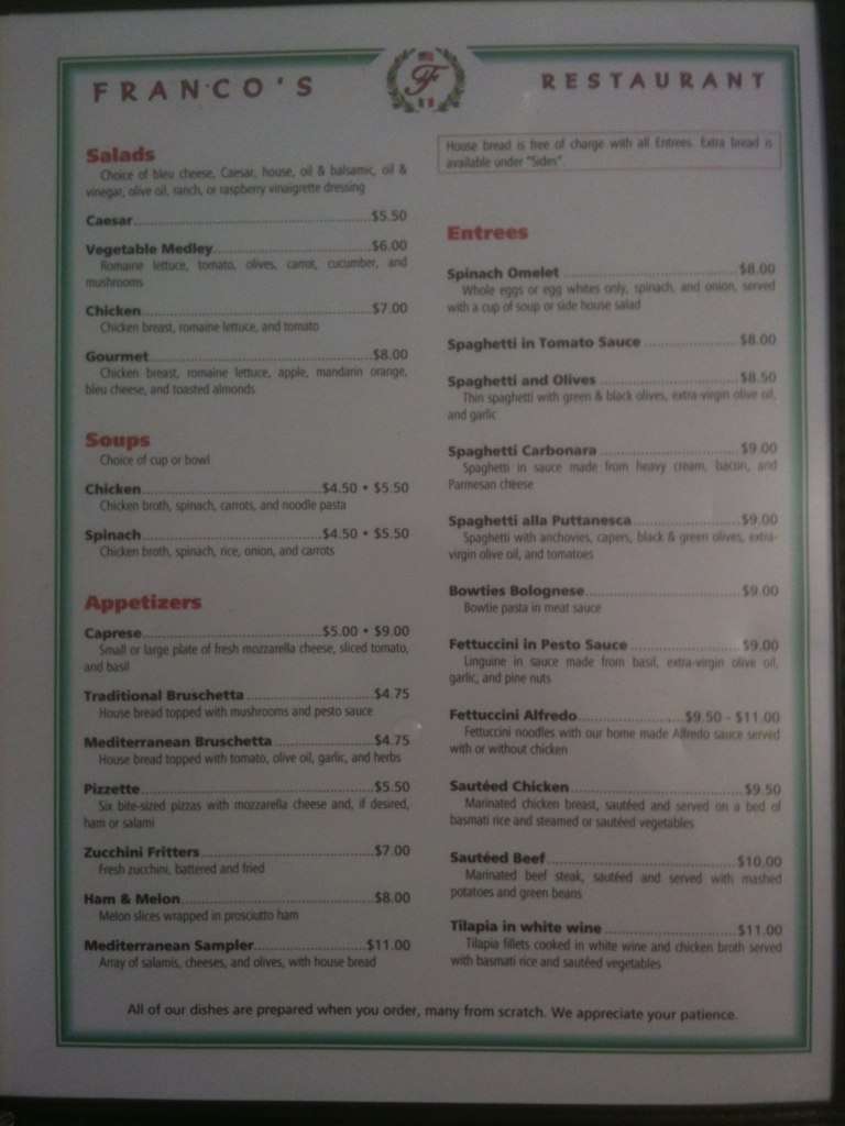Menu at Franco's Family Restaurant, Madison