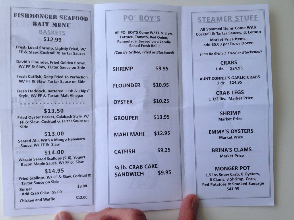 Menu at FishMonger Seafood restaurant, Surfside Beach, US-17 BUS