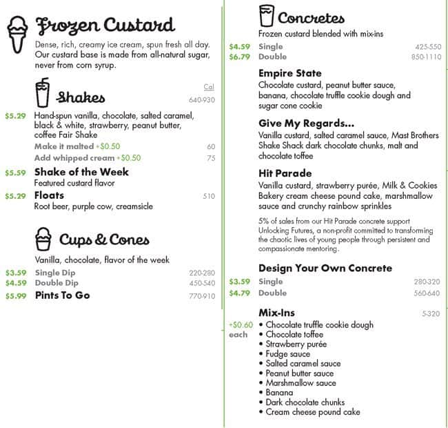 Menu at Shake Shack restaurant, West New York, 1333 Broadway