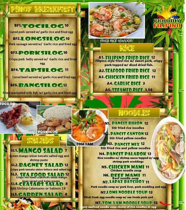 Menu at Filipino Chef restaurant, Calgary