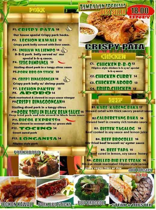 Menu at Filipino Chef restaurant, Calgary