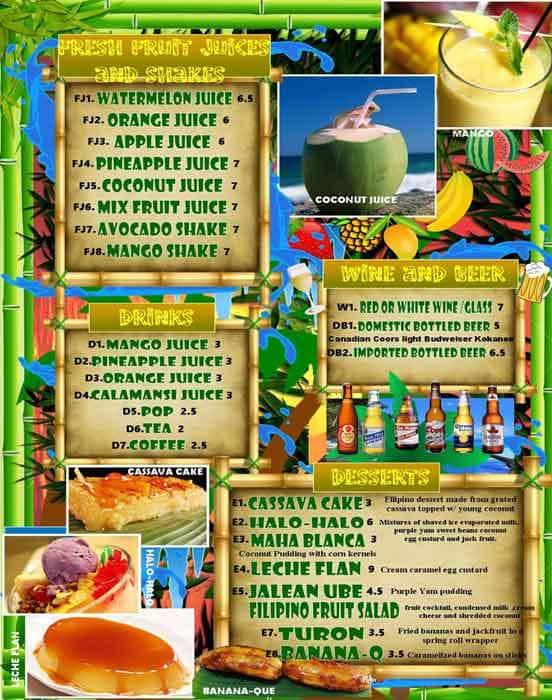 Menu at Filipino Chef restaurant, Calgary