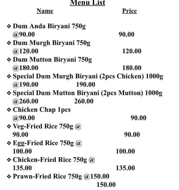 Menu of Fast Food Centre, Nagerbazar, Kolkata