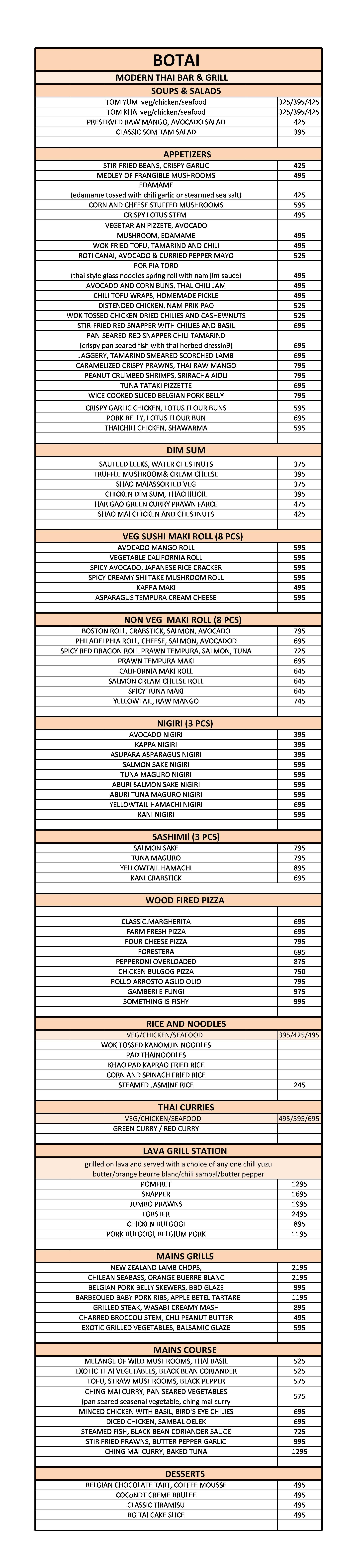 Menu of Bo Tai, Vagator, Goa
