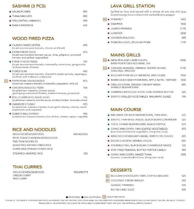 Menu at Bo Tai, Vagator