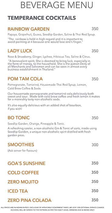 Menu at Bo Tai, Vagator