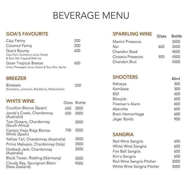 Menu at Bo Tai, Vagator