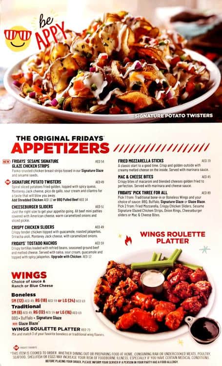 Menu of TGI Fridays, Ibn Battuta Mall, Jebel Ali Village, Dubai