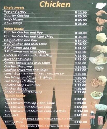 Menu at Chicken on fire restaurant, Johannesburg