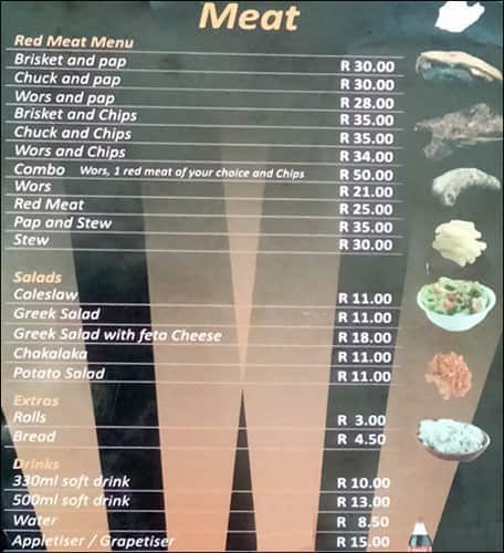 Menu at Chicken on fire restaurant, Johannesburg