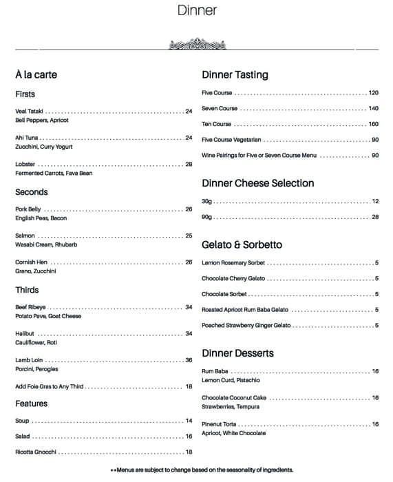 Menu at GEORGE Restaurant, Toronto