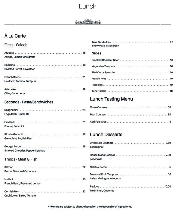 Menu at GEORGE Restaurant, Toronto