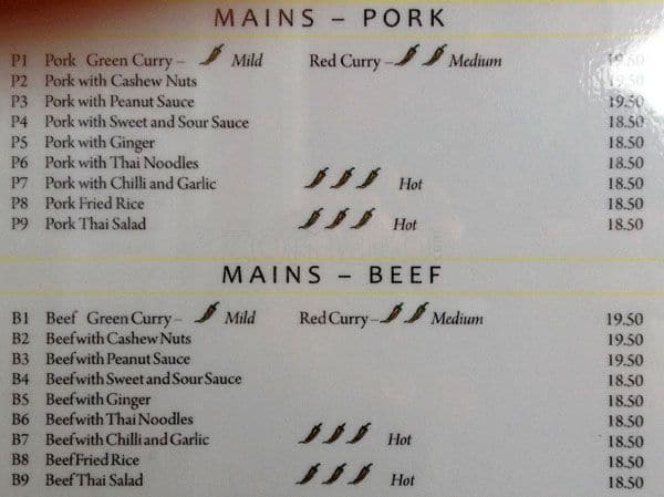 Menu at Red Chilli restaurant, Christchurch