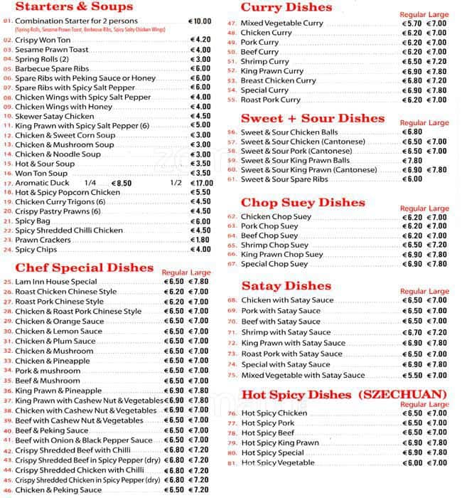 Menu at Lam Inn, Dublin