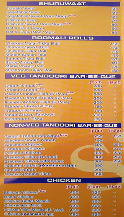 Menu of Aashiana Restaurant, Surya Nagar, Ghaziabad