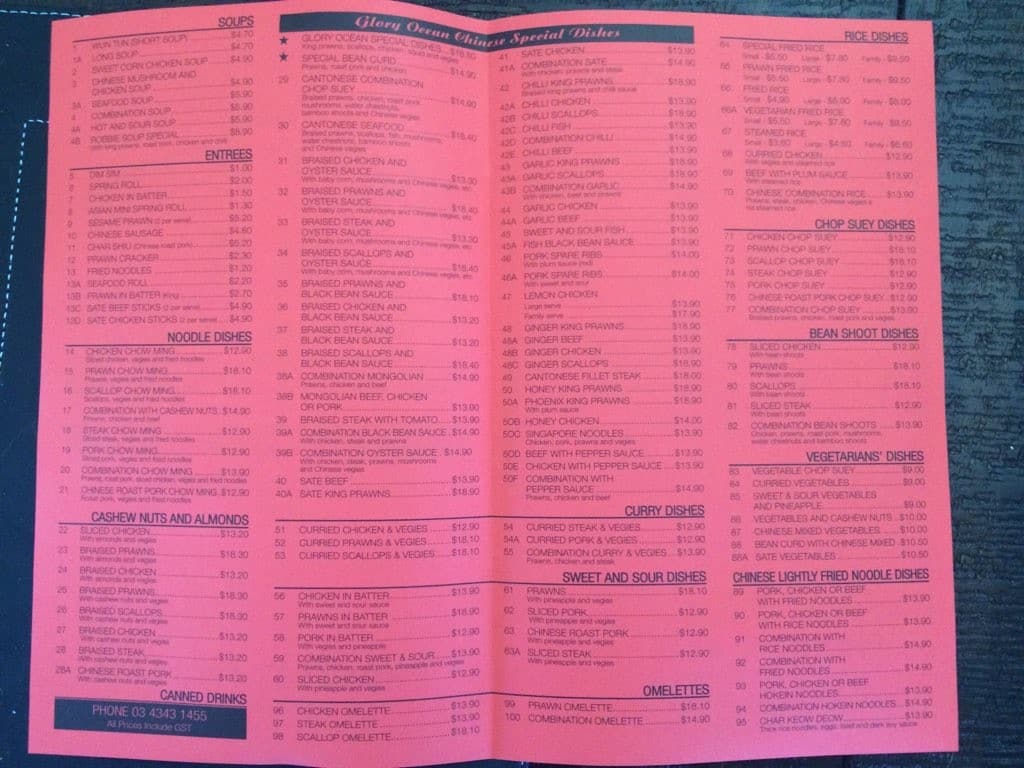 Menu at Glory Ocean restaurant, Wendouree