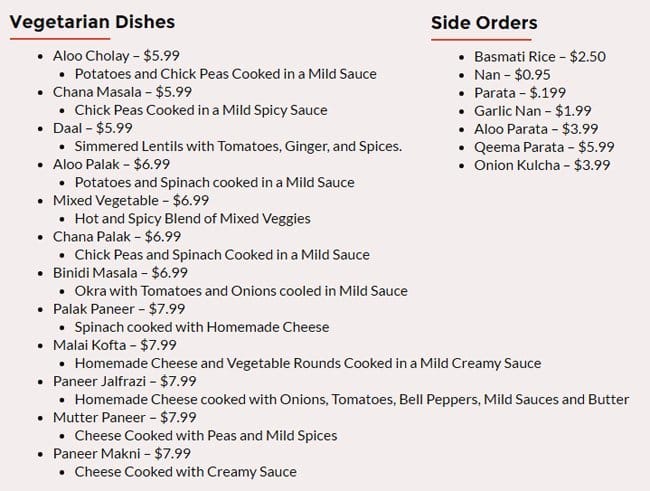 Menu at Shalamar restaurant, Webster