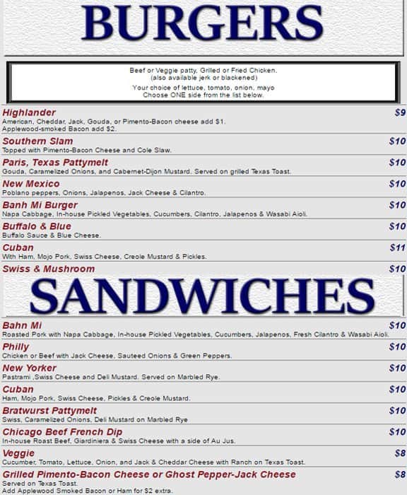 Menu at The Highlander pub & bar, Atlanta, 931 Monroe Dr NE ste c-101