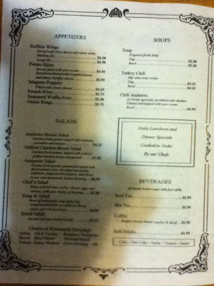 Menu at Andrews on the Corner pub & bar, Detroit, 201 Joseph Campau Ave