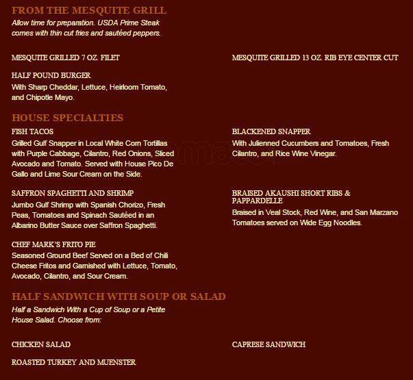 Menu at Bohanan’s restaurant, San Antonio