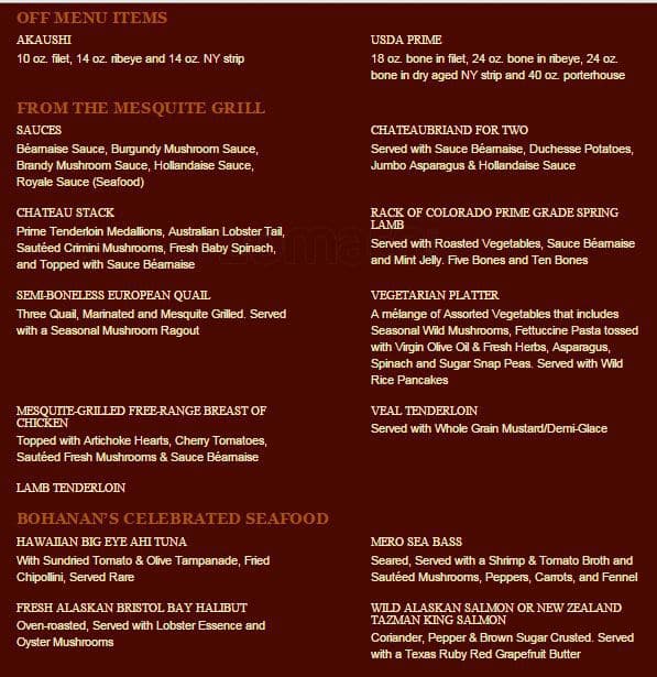 Menu at Bohanan’s restaurant, San Antonio